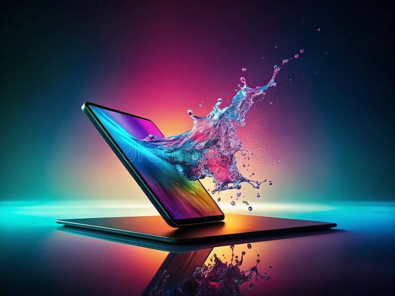 Dynamic Tablet Reflection in a Water Splash Neon Lights Illuminate an ...