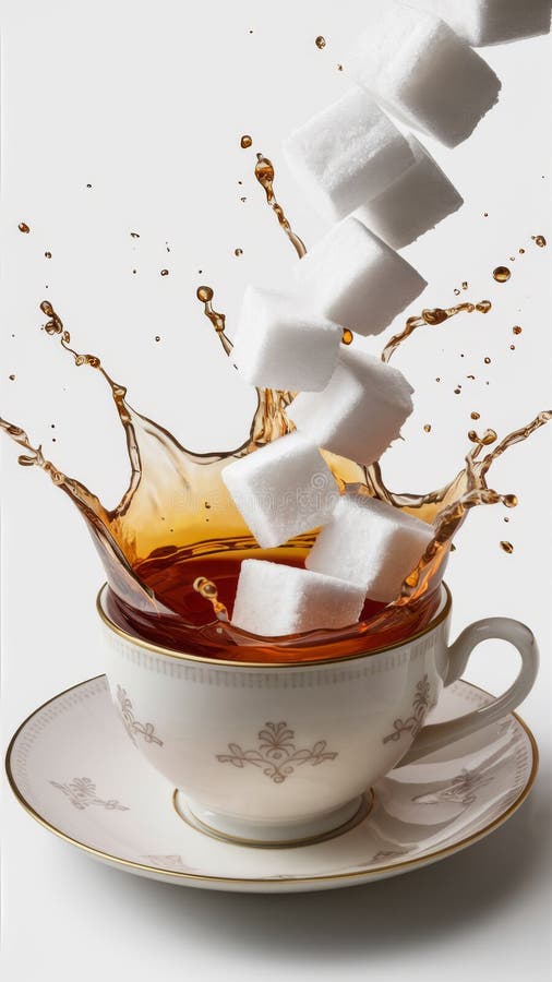 Dynamic Tea Splash with Sugar Cubes Falling into Elegant Teacup ...