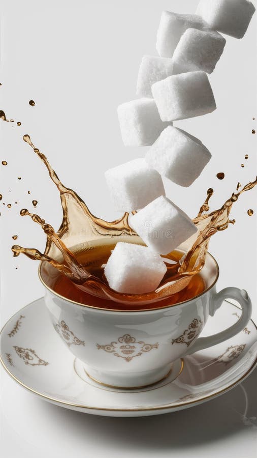 Dynamic Tea Splash with Sugar Cubes Falling into Elegant Teacup ...