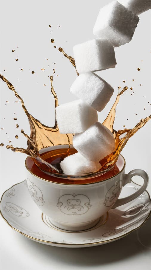 Dynamic Tea Splash with Sugar Cubes Falling into Elegant Teacup ...
