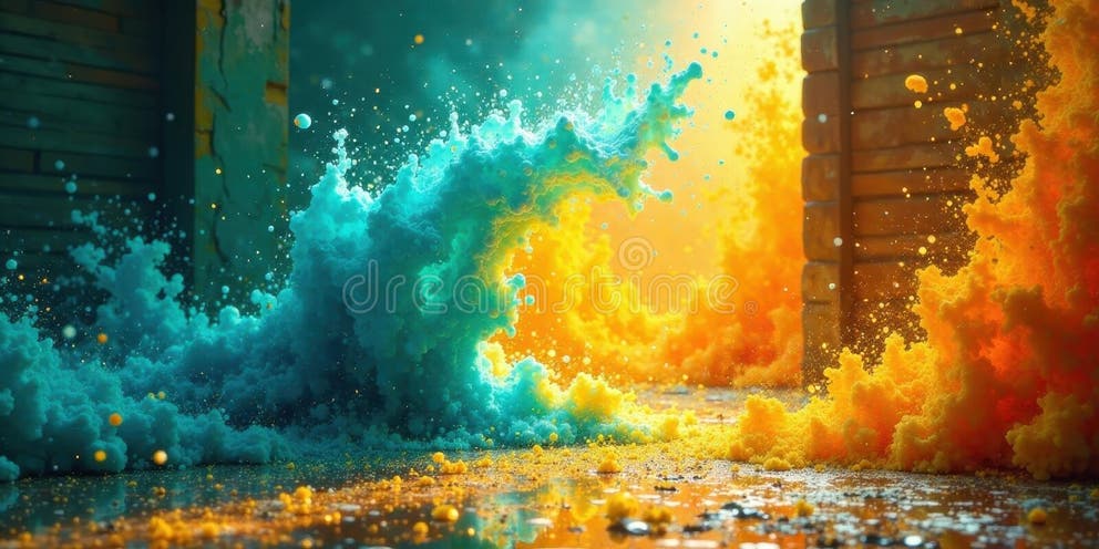 Dynamic Teal and Amber Fluid Collision in a Rustic Setting. Generative ...
