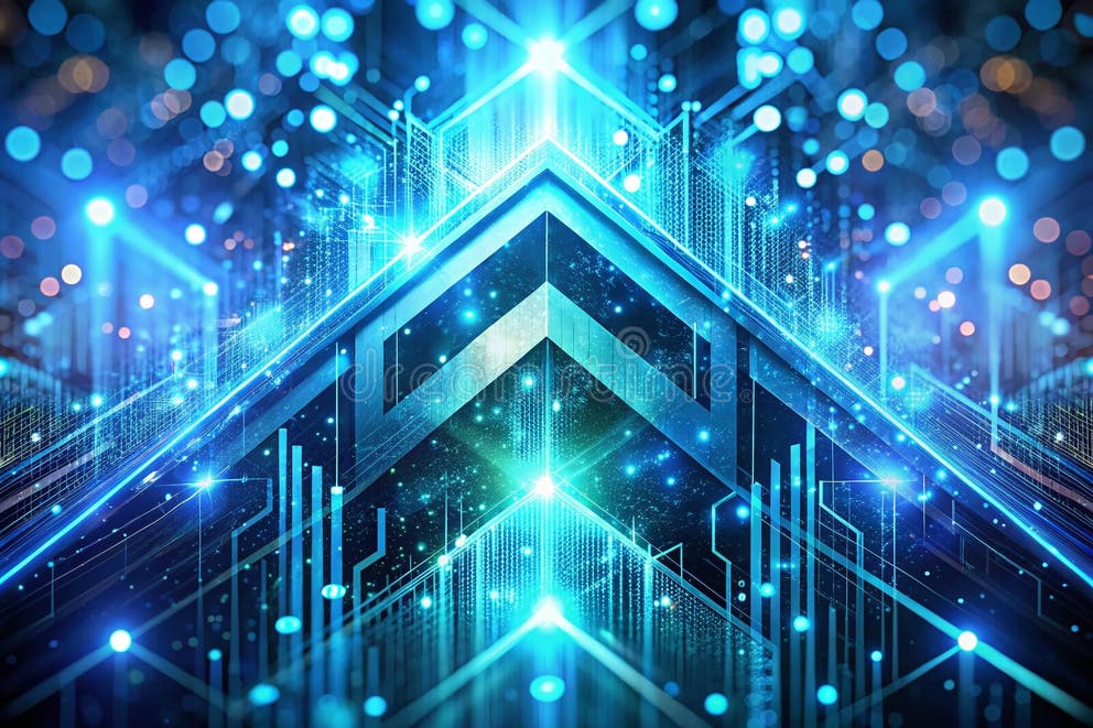 Dynamic Teal and Blue Abstract Arrow Digital Light Particles Binary Code and Hexagonal Bokeh a ...