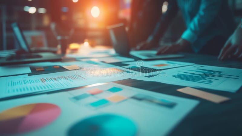 Dynamic Team Brainstorming Around Table with Project Reports and Charts ...