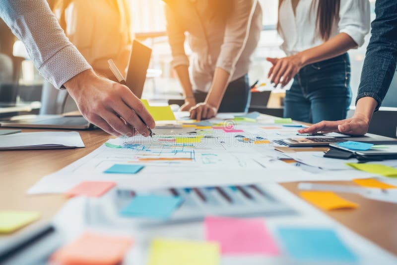 Collaborative Team Brainstorming Session with Sticky Notes and Plans on ...