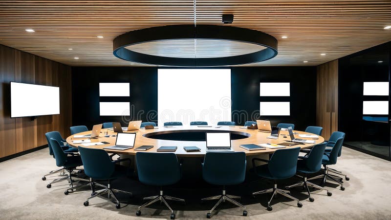 Team Collaboration Zone with Round Table, Laptops, Notebooks, and ...