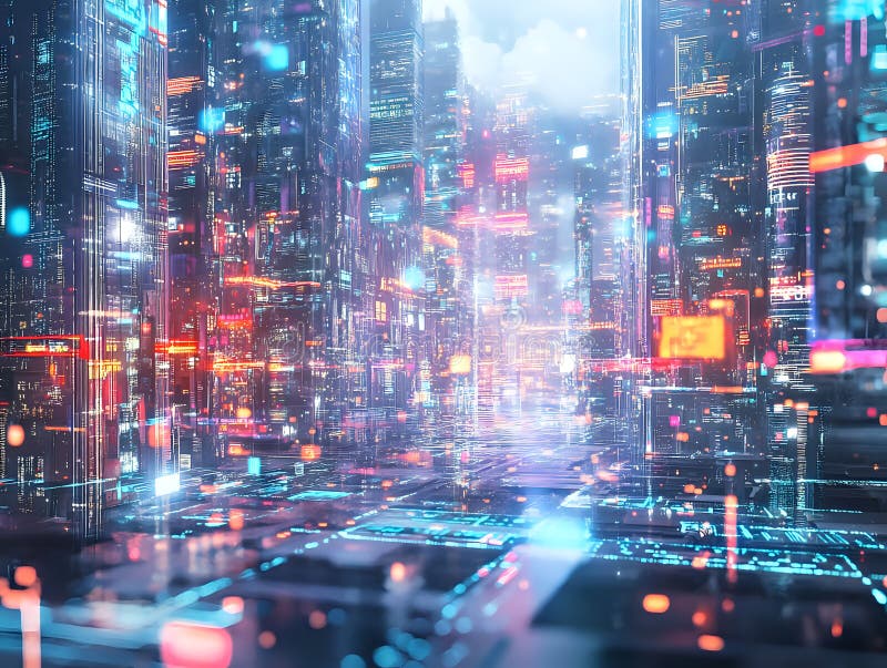 Dynamic Tech Interface Displaying Floating Data Over a Neon-lit Skyline. Technology Concept ...