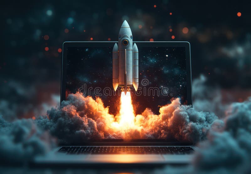 Rocket Launching from Laptop in a Futuristic Digital Scene Stock Photo ...