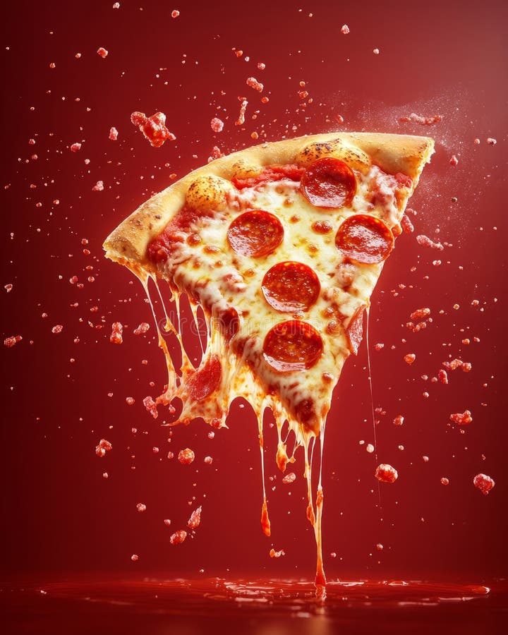 Crispy Pizza Slice with Melting Cheese in Enticing Display Stock ...