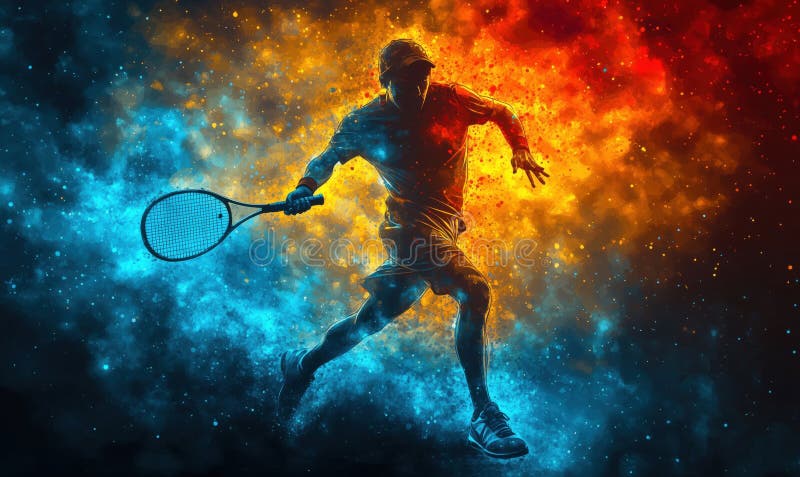 Dynamic Tennis Player in Action with Vibrant Blue and Orange Cosmic ...