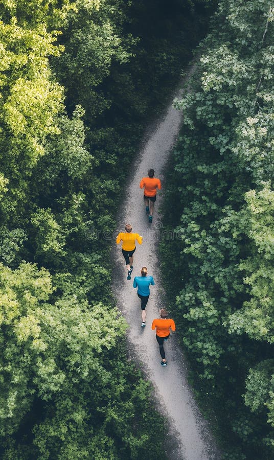 Dynamic Trail Running Group Enjoying Forest Path Workout in Vibrant ...