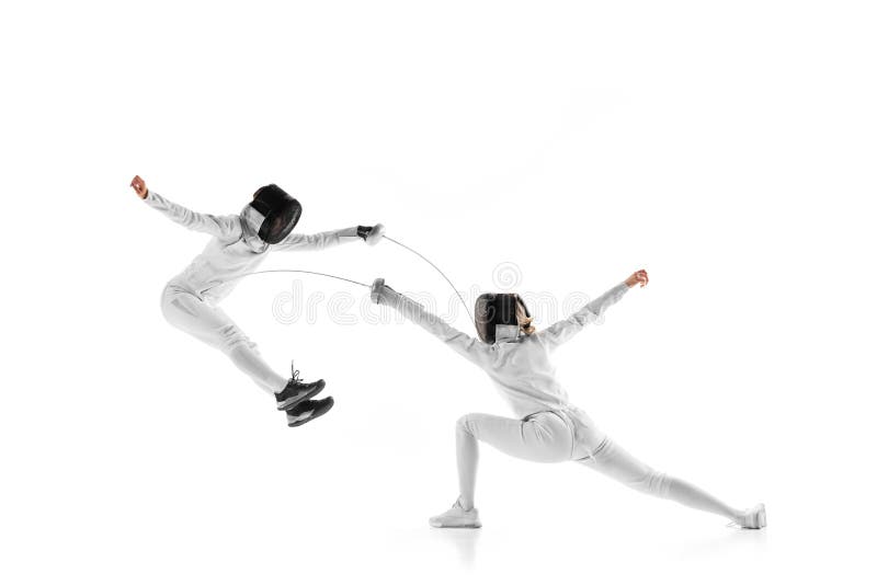 In Dynamic Training Session, Two Female Fencers Clash Swords, Each ...