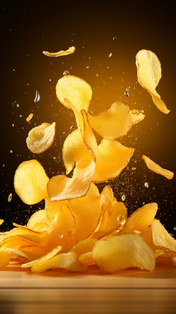 Dynamic Transformation Potato Chips Float Midair, Yellow Backdrop ...