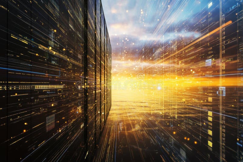 Dynamic Transition through a Digital Corridor with Vibrant Sunset in ...