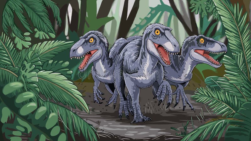Dynamic Trio of Raptors in Lush Jungle Environment Stock Vector ...