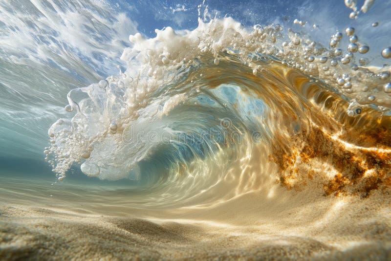 Dynamic Underwater View of a Breaking Wave Showcasing the Fluidity and ...