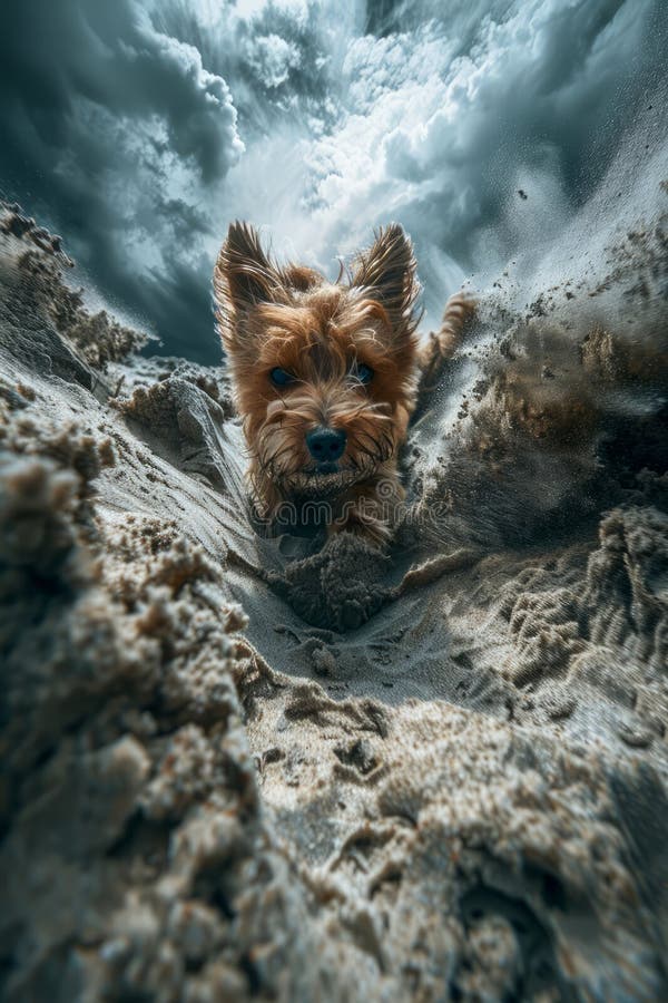 Dynamic Underwater View of Small Dog Swimming in Clear Blue Ocean with ...