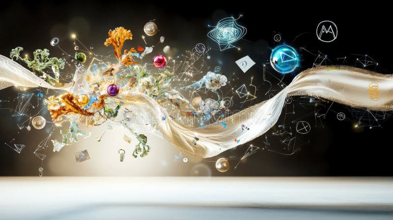 Dynamic Unraveling of a Ribbon with Floating Elements Abstract Art ...