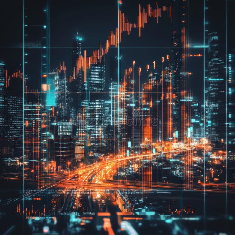 Dynamic Urban Cityscape at Night with Glowing Lights and Abstract Data ...