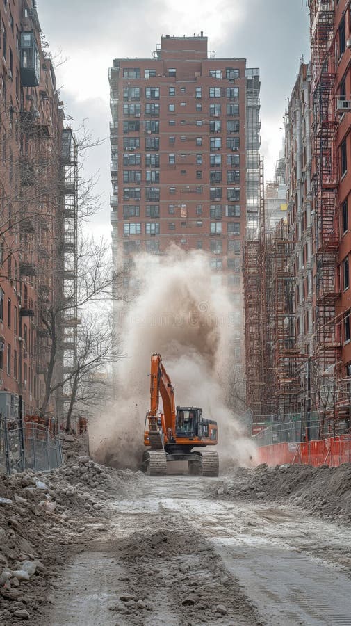 Dynamic Urban Construction Scene with Excavator Amidst Dust Stock ...