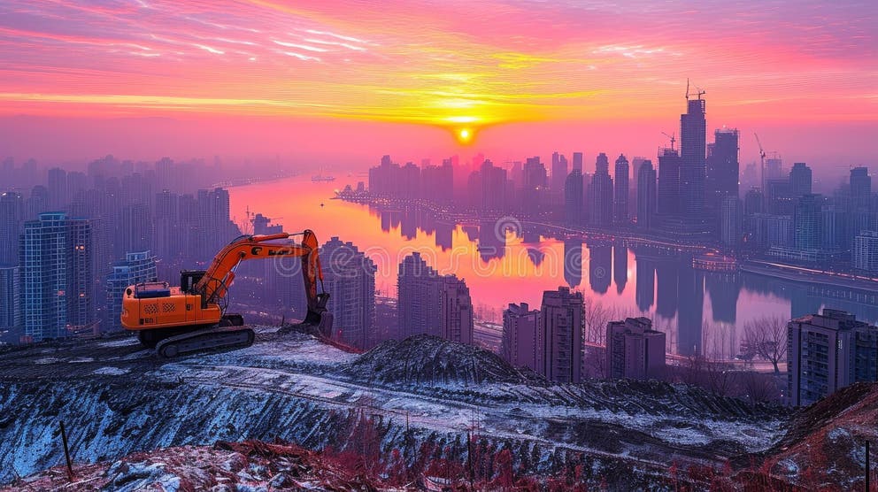 Dynamic Urban Development: Excavator at Dusk. Stock Illustration ...