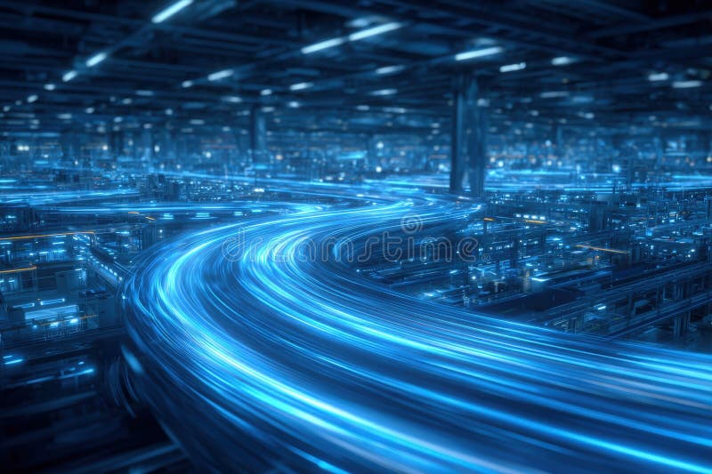 High-tech Cityscape with Illuminated Pathways and Vibrant Blue Lighting at Night Stock ...