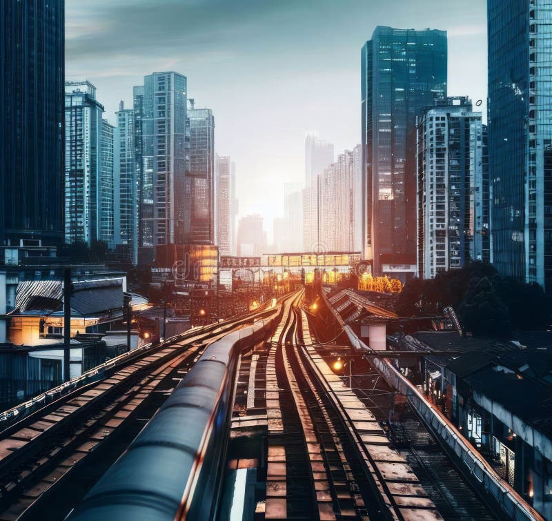 Modern Cityscape with Elevated Train Tracks Stock Illustration ...