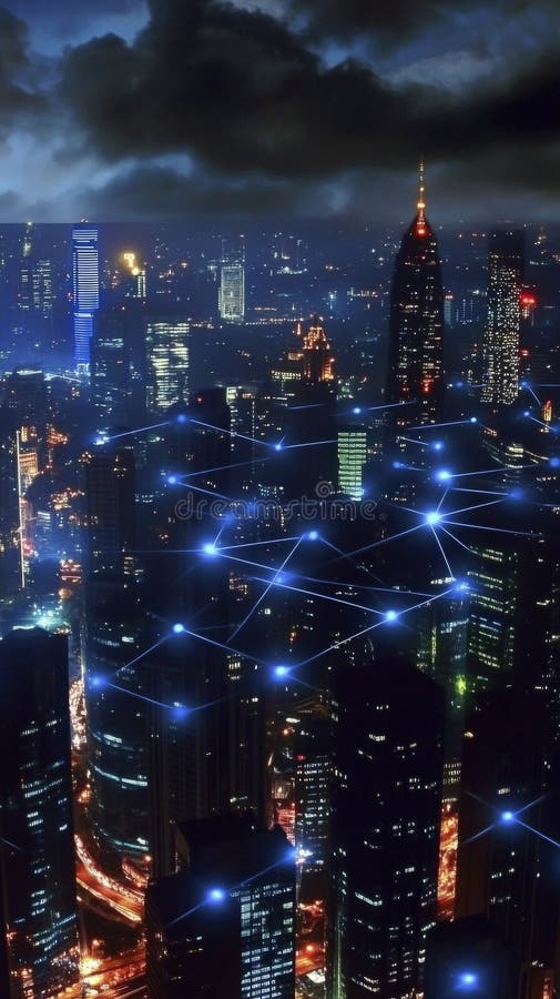 Nighttime Urban Landscape with Digital Blue Grid Stock Illustration ...