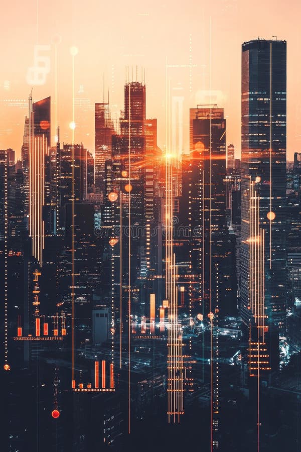 Dynamic Urban Skyline at Sunset Showcasing Modern Architecture and Digital Vibrancy Stock ...