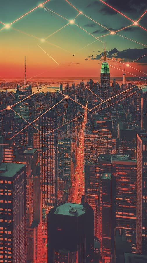 Dynamic Urban Sunset with Radiant Network Lines Visible Stock ...