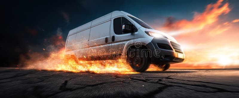 The Dynamic Van Racing through Flames on a Dramatic Asphalt Road..AI ...