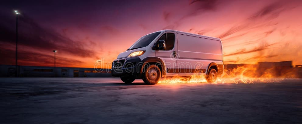 The Dynamic Van Racing through an Urban Landscape at Sunset. AI ...