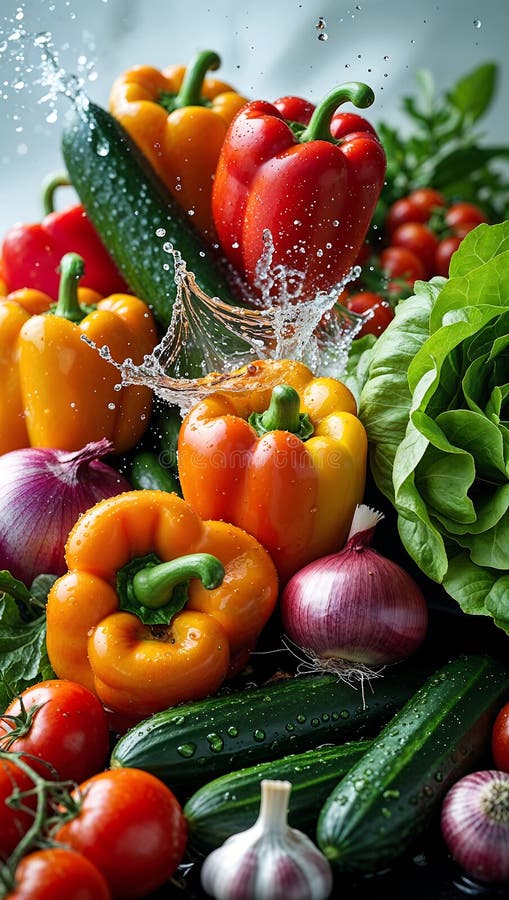 Dynamic Variety of Fresh Vegetables with Splash of Water Mid-Air Stock ...