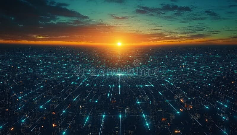 Dynamic Vector Cityscape Connecting at Night, Luminous Network Points ...