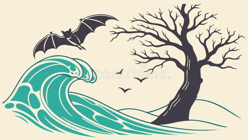 Bat, Wave, and Tree in Dramatic Scene Vector, Vector Design Generative ...