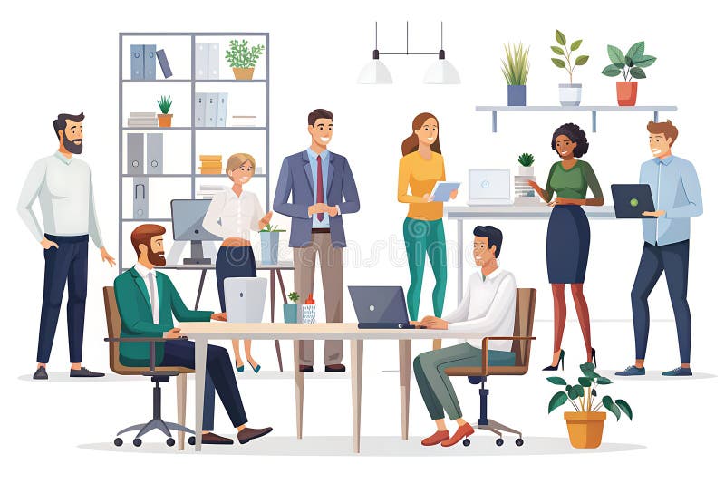 Collaborative Office Work Vector Illustrations of Casual Business Teams Engaging in Productive ...