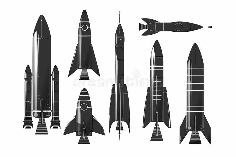 Space Rockets in Black and White Illustration Vector Set Stock ...