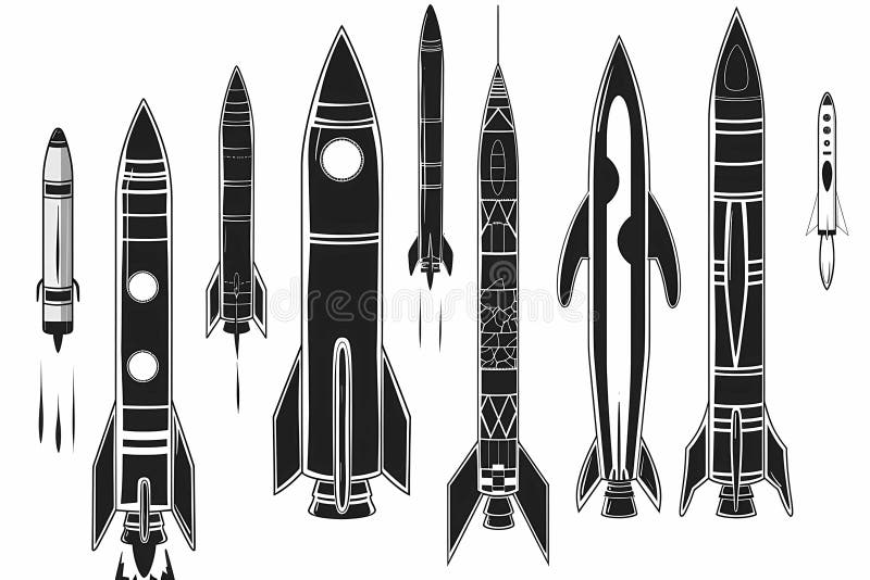Space Rockets in Black and White Illustration Vector Set Stock ...