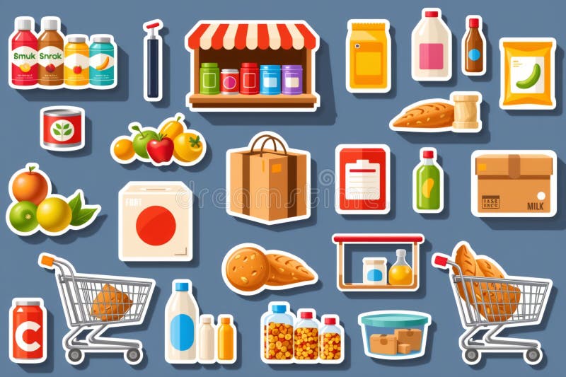 Grocery Store Vector Stickers with Household Items and Food Products ...