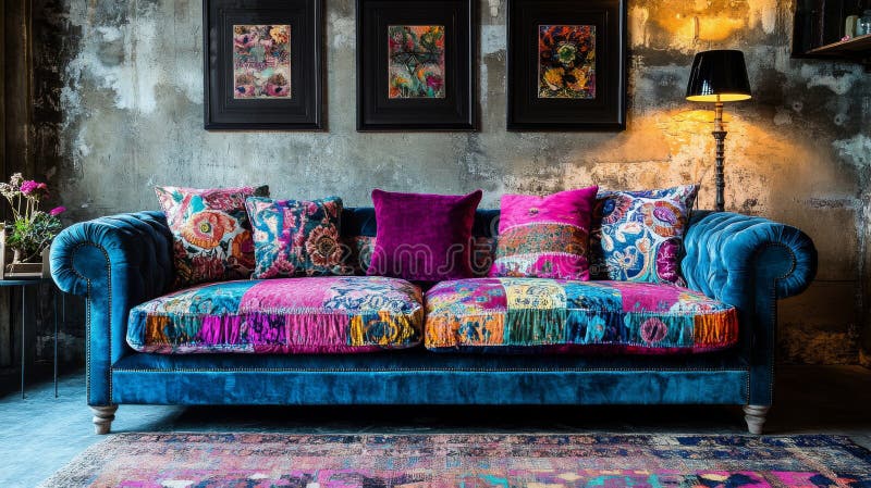 A Dynamic Velvet Sofa Featuring Ikat Patterned Throw Pillows. Stock ...