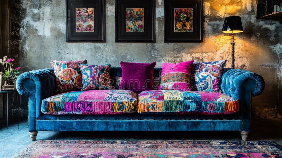 A Dynamic Velvet Sofa Featuring Ikat Patterned Throw Pillows. Stock ...