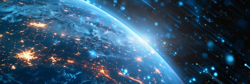 Dynamic View of a Blue Digital Earth with Pulsating Light Beams and ...