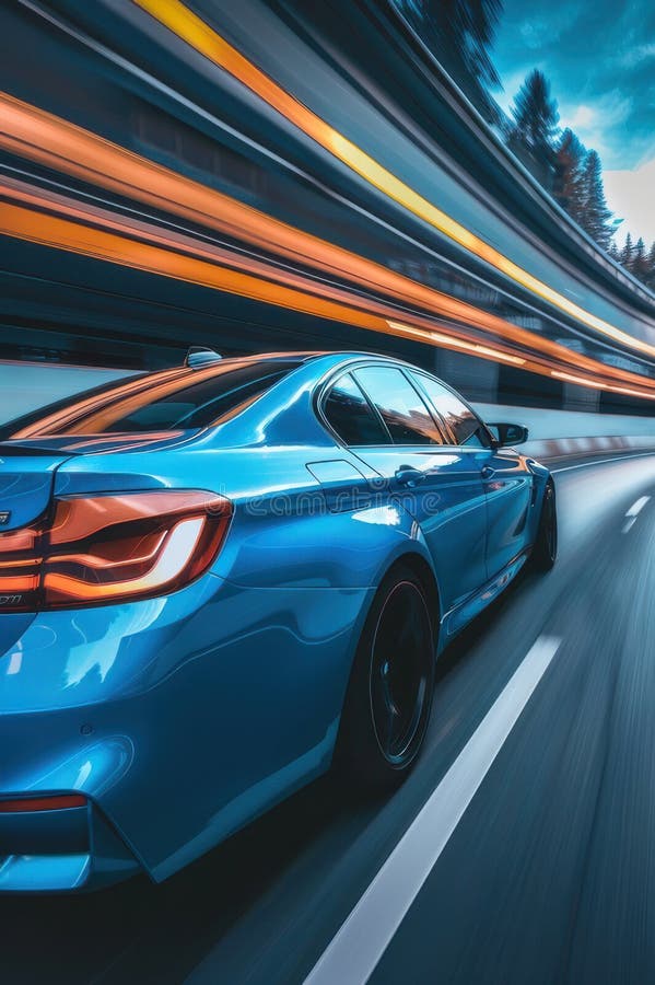 Dynamic View of a Blue Sports Car Speeding on a Racetrack Under a Clear ...