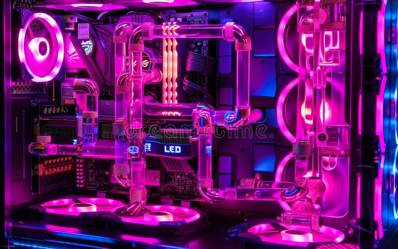 A Dynamic View of a Computer Cooling System with Vibrant Pink and ...