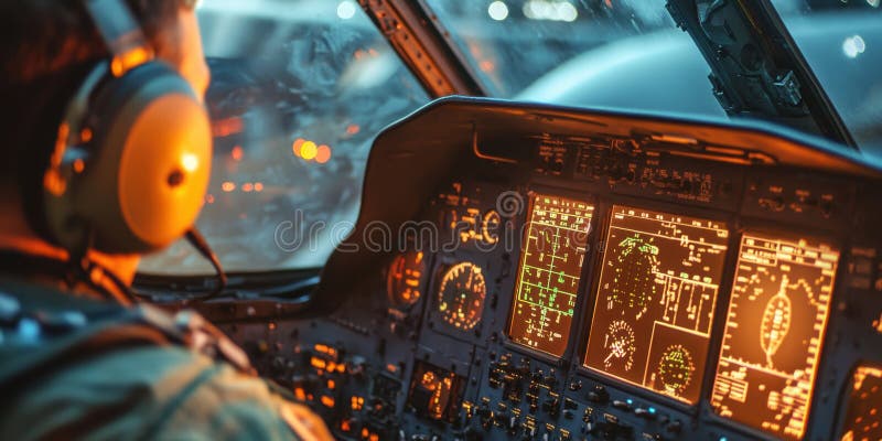 Dynamic View Inside an Illuminated Aircraft Cockpit Stock Image - Image ...