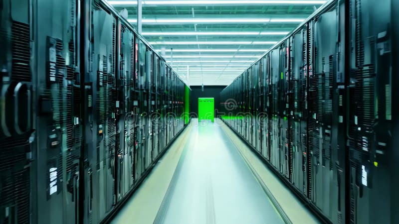 Dynamic View of a Modern Data Center with Expansive Server Rows and ...