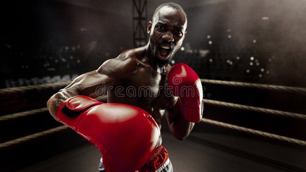 Closeup Aggressive Boxer with Red Gloves Striking in 3D Boxing Ring ...