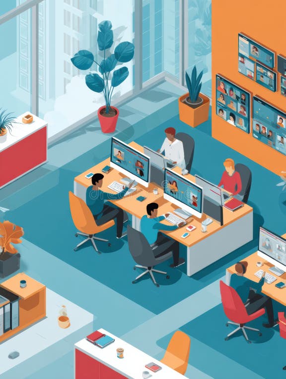 Dynamic Virtual Meeting Taking Place in a Modern Workspace with ...