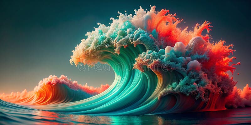 A Dynamic Visual of Bright Coral and Deep Teal Waves Crashing Creating ...