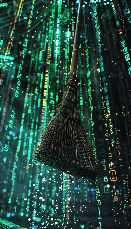 Dynamic Visual of a Broom Sweeping Away Binary Code, Symbolizing Data ...