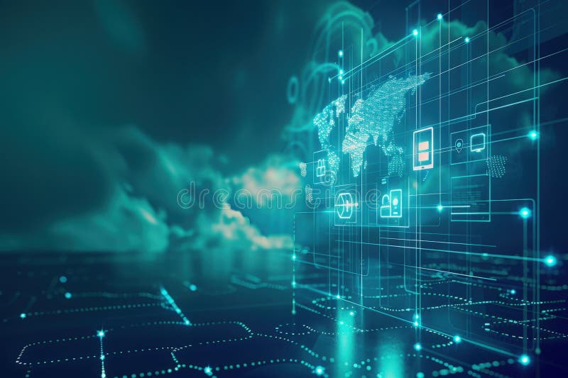 Vibrant Digital Landscape with ERP Icons and Symbols on a Clean Solid ...